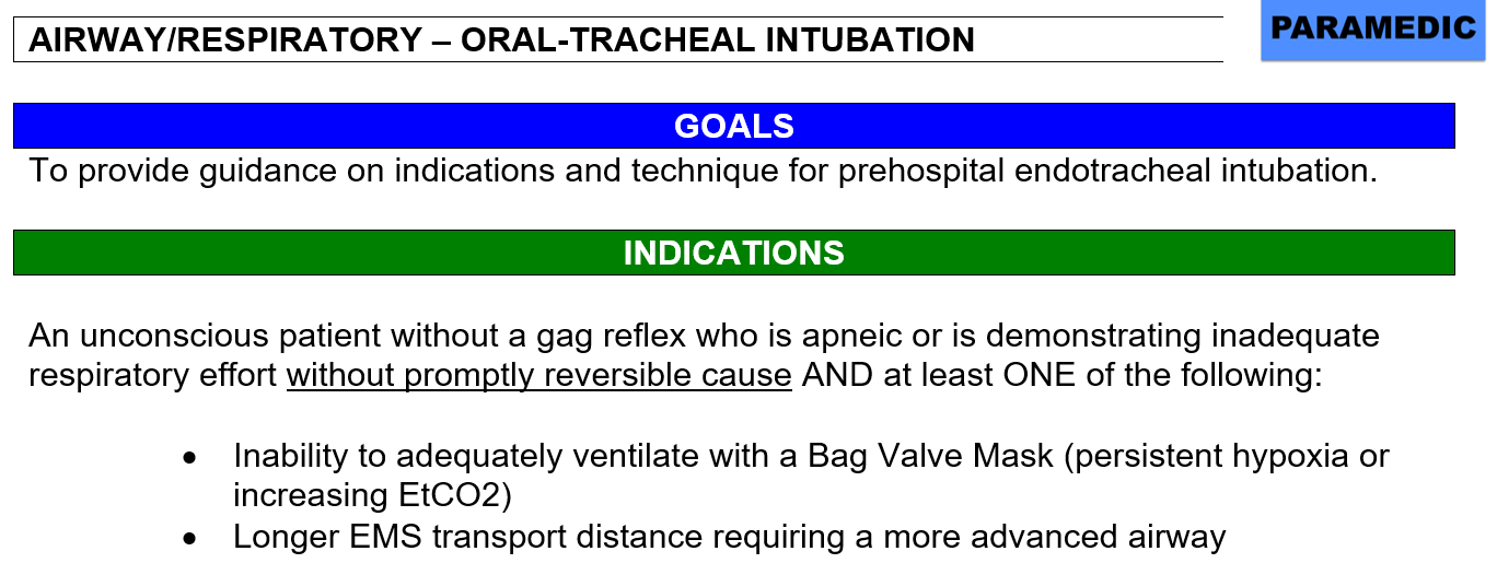 Intubation-Oral-Tracheal – CHEMS Field Treatment Guidelines